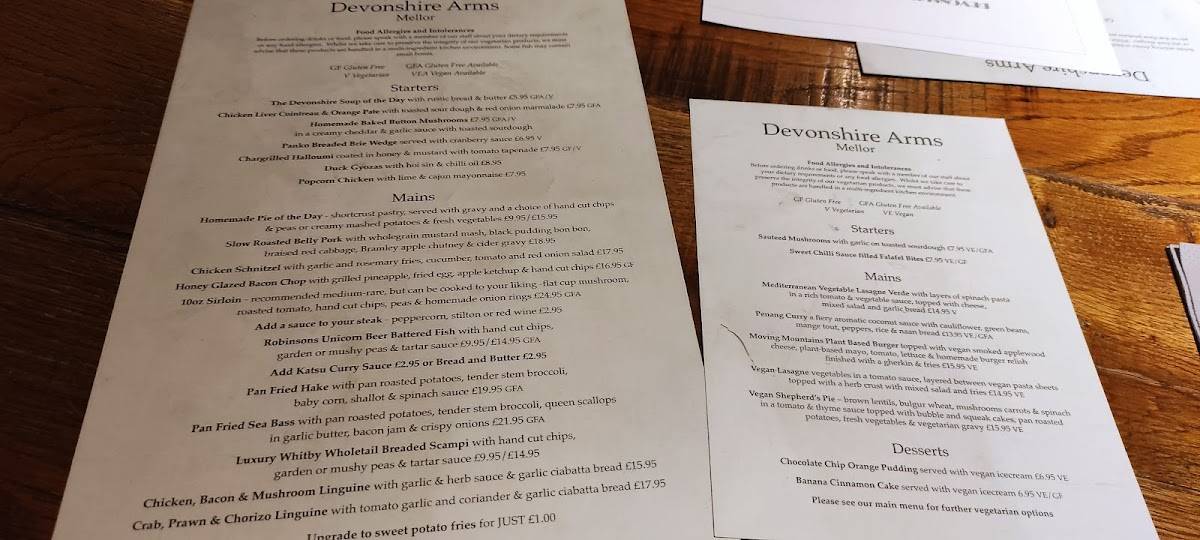 Menu at The Devonshire Arms pub & bar, Mellor