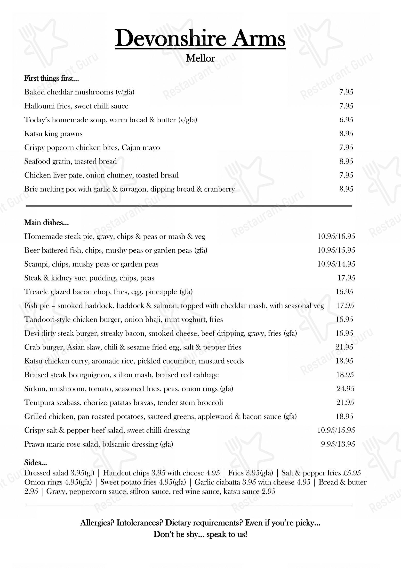Menu at The Devonshire Arms pub & bar, Mellor