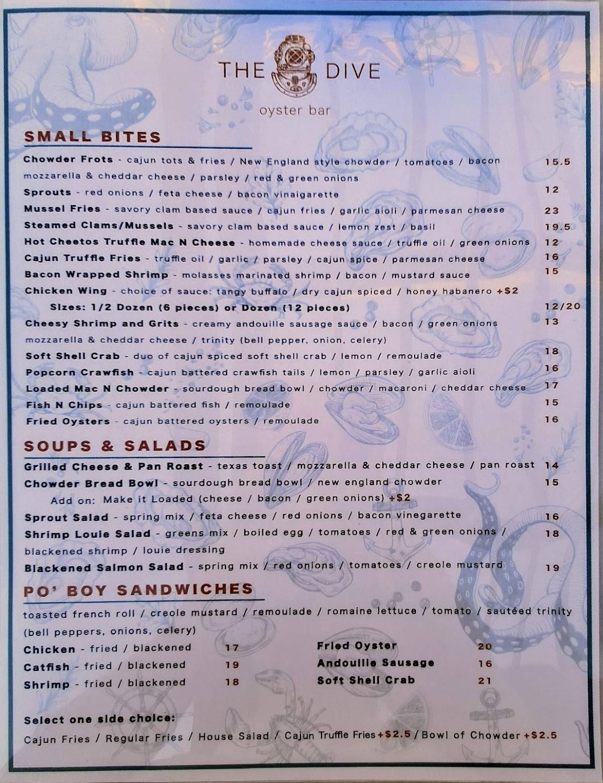 Menu at The Dive Oyster Bar, Yorba Linda