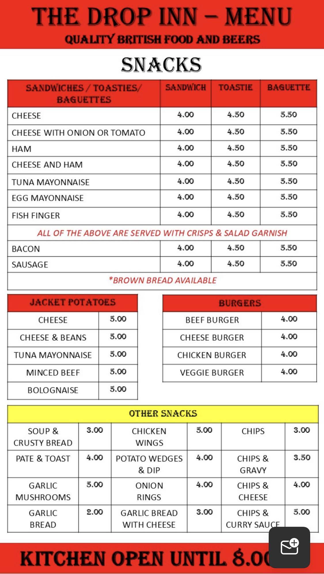 Menu at The Drop Inn pub & bar, Benidorm