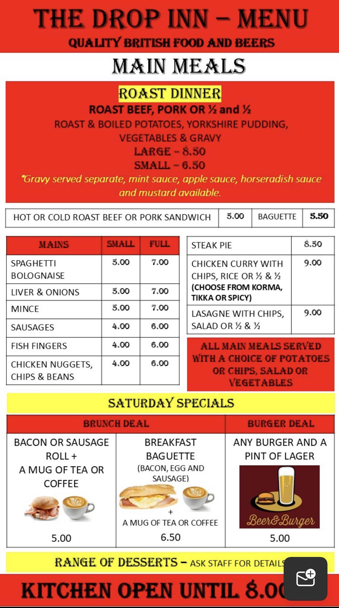 Menu at The Drop Inn pub & bar, Benidorm