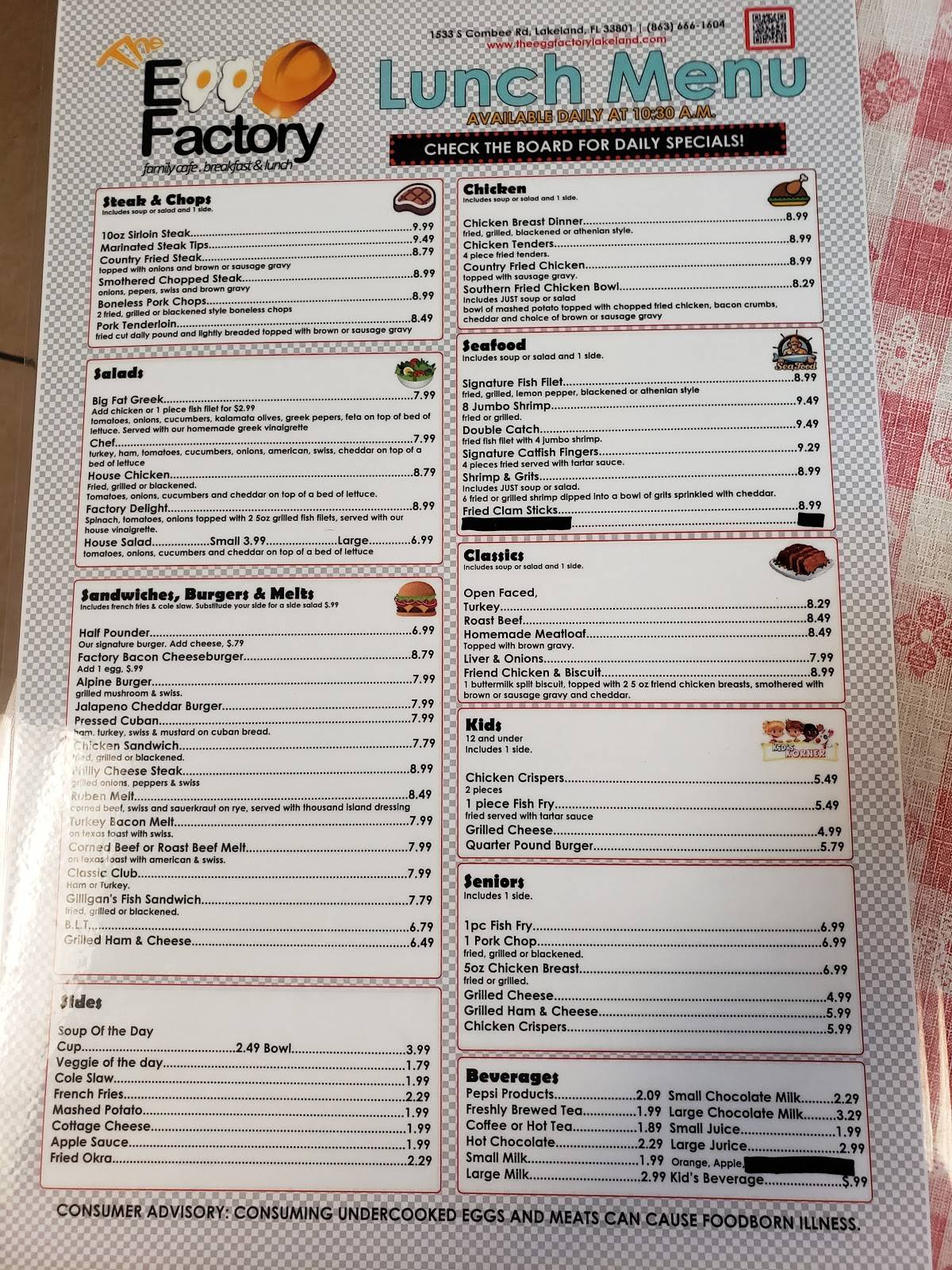Menu at The Egg Factory restaurant, Lakeland, S Combee Rd