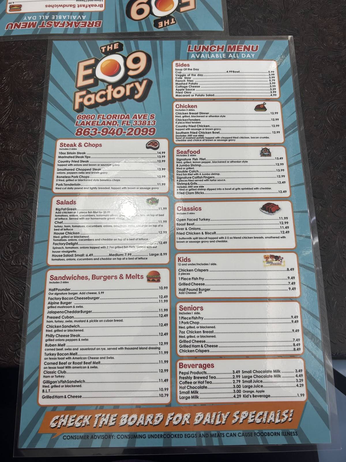 Menu at The Egg Factory restaurant, Lakeland, S Combee Rd