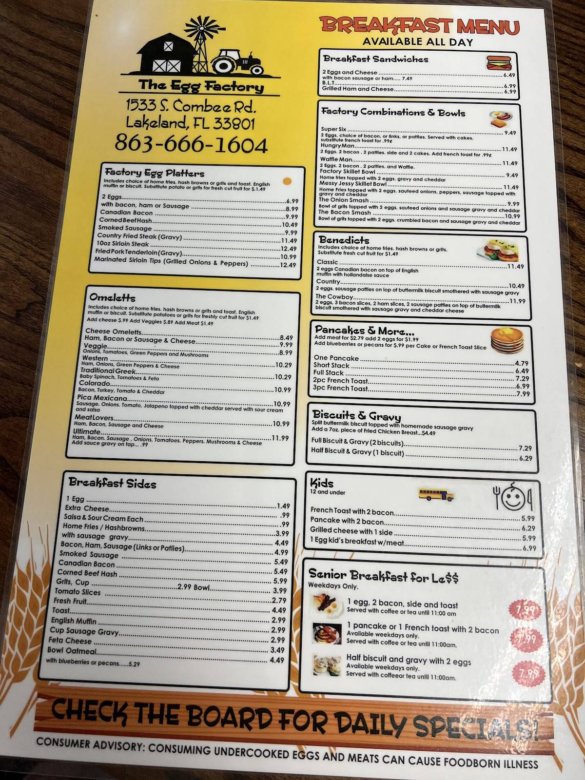 Menu at The Egg Factory restaurant, Lakeland, S Combee Rd
