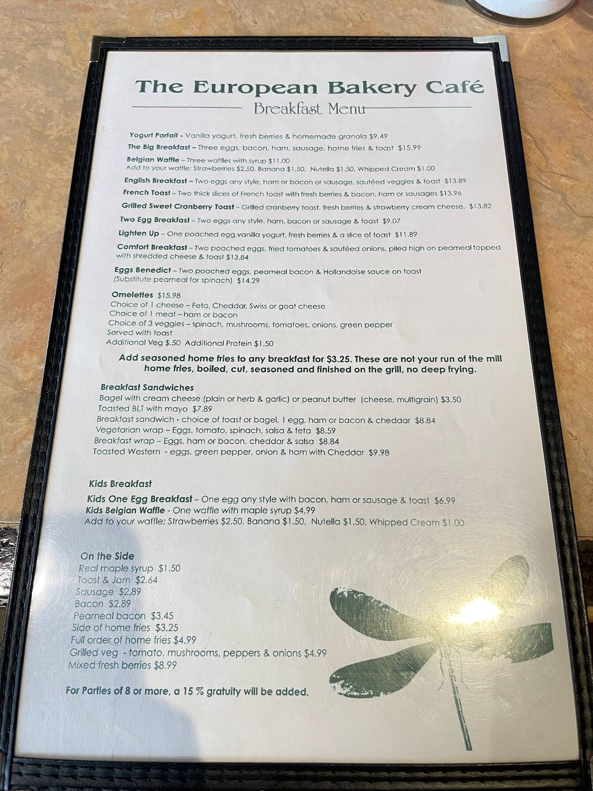 Menu at The European Bakery Café, Owen Sound