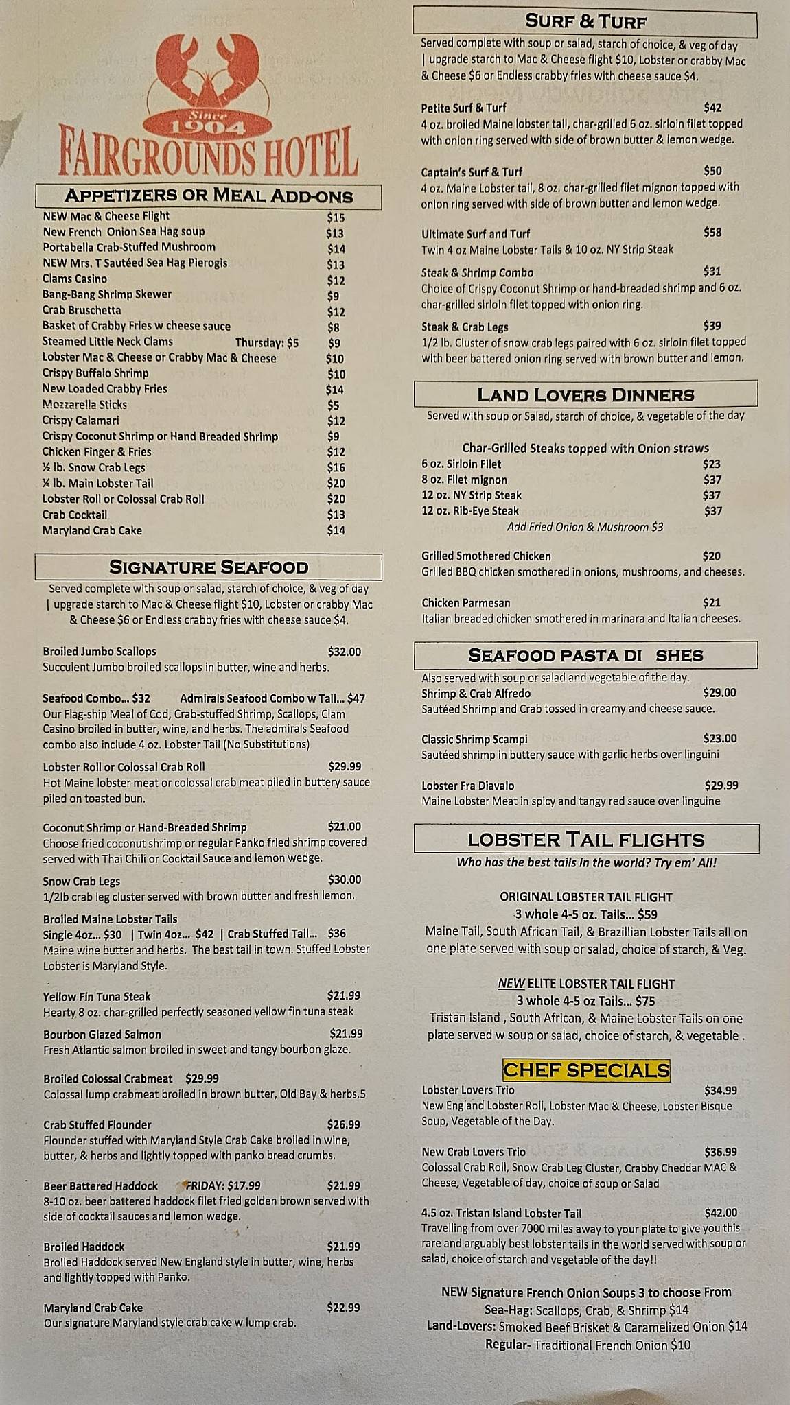 Menu at The Fairgrounds Hotel restaurant, Allentown