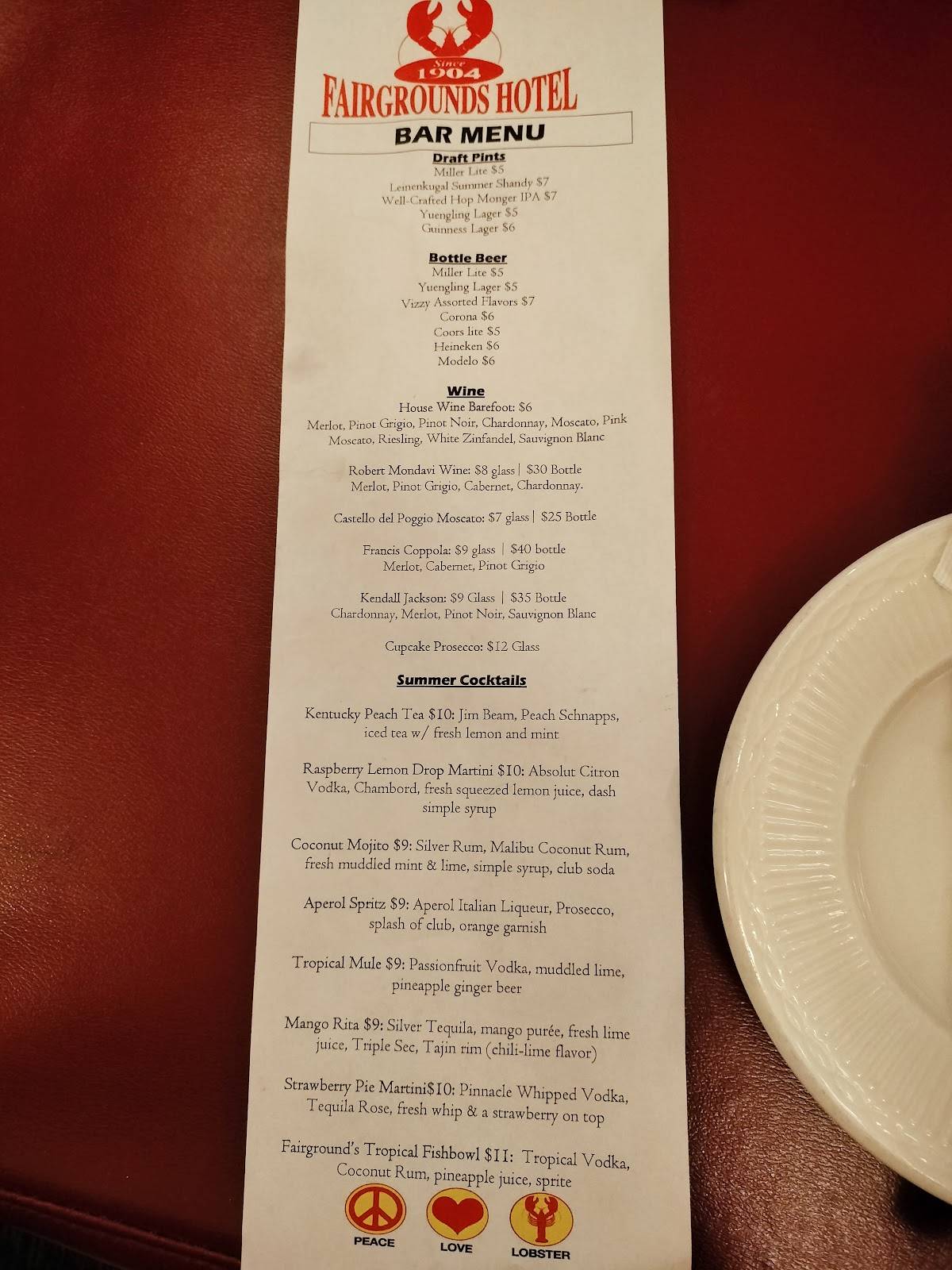 Menu at The Fairgrounds Hotel restaurant, Allentown