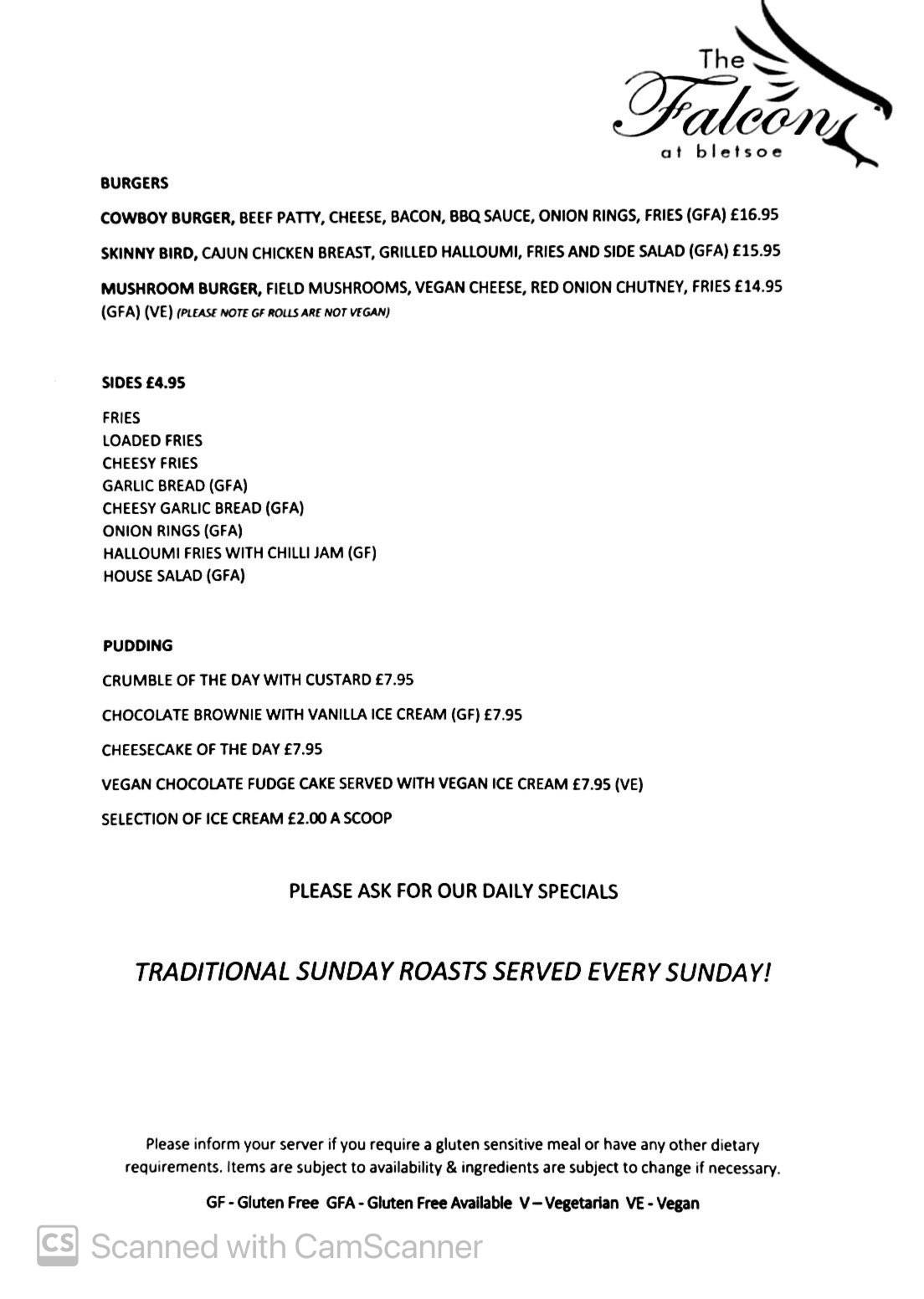 Menu at The Falcon at Bletsoe pub & bar, Milton Ernest