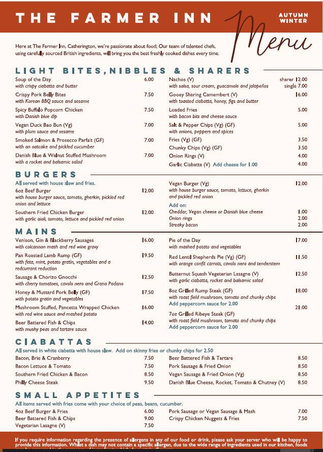 Menu at The Farmer Inn pub & bar, Waterlooville