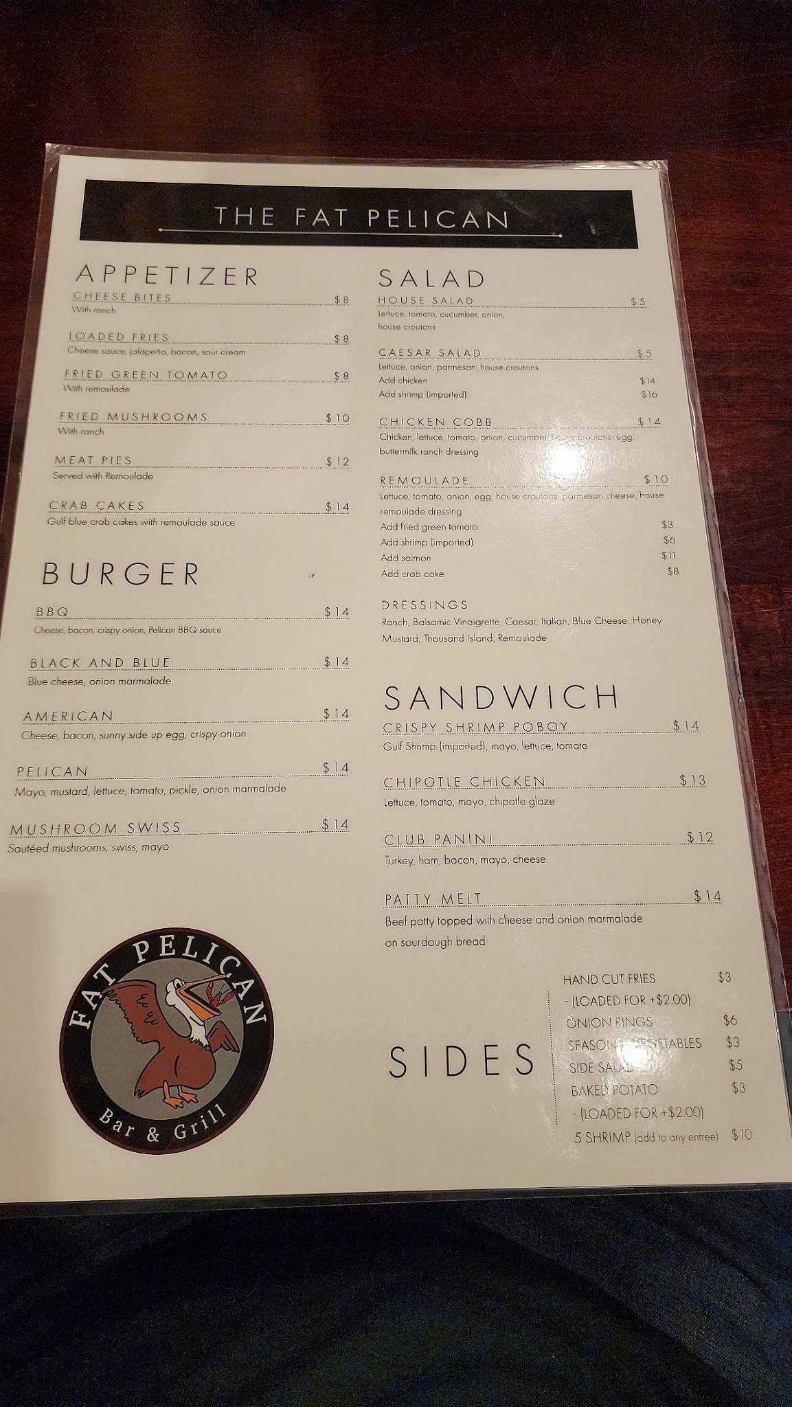Menu at The Fat Pelican restaurant, Monroe