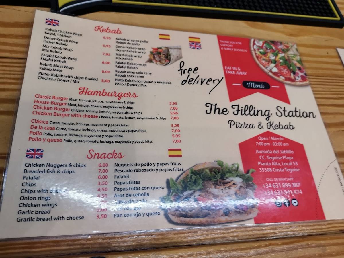 Menu at The Filling station pizza & kebab & more restaurant, Costa Teguise