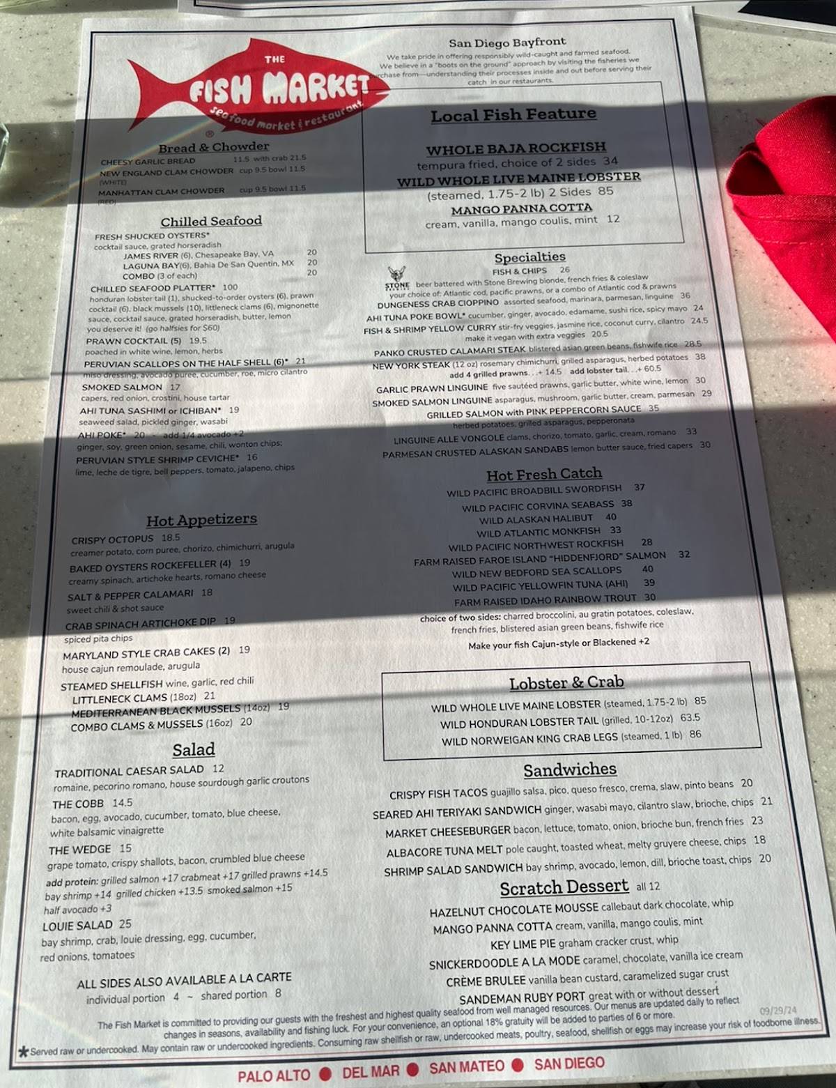 Menu at The Fish Market restaurant, San Diego, 750 N Harbor Dr