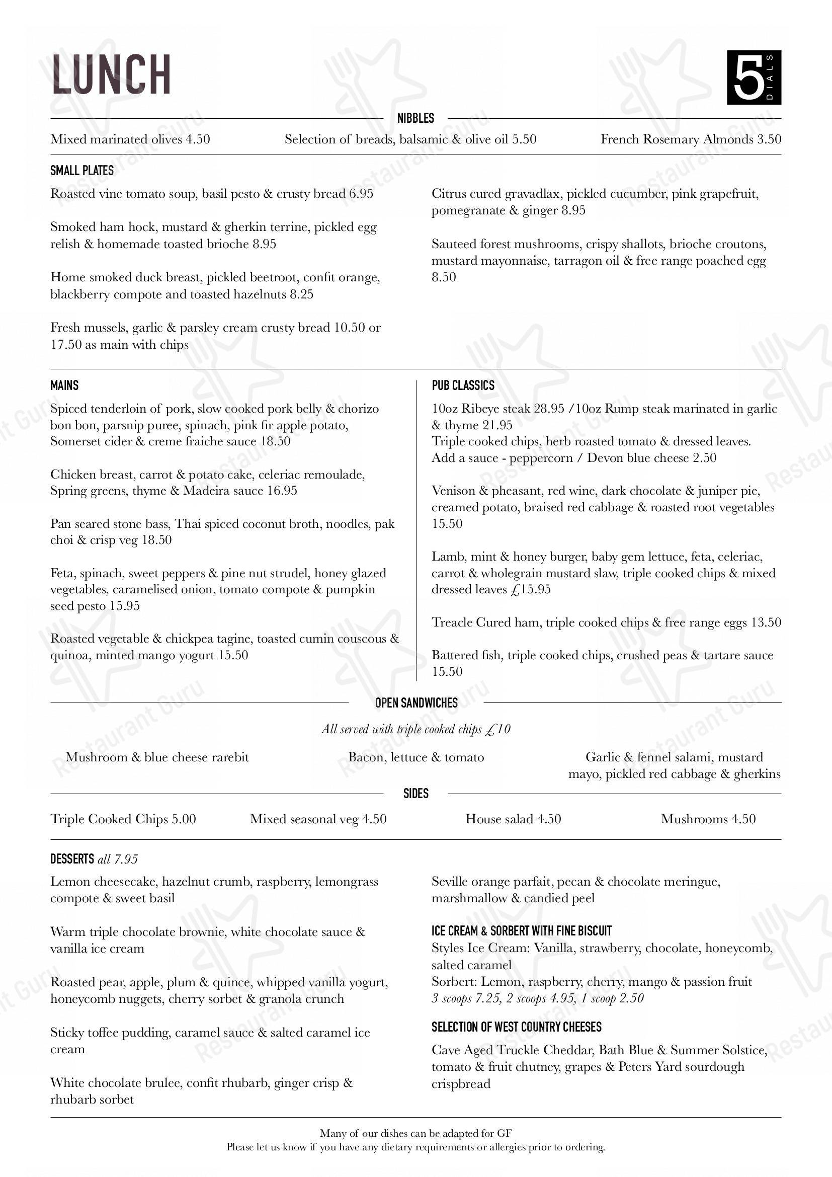 Menu at The Five Dials Inn pub & bar, Horton