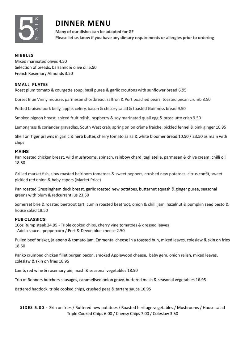 Menu at The Five Dials Inn pub & bar, Horton