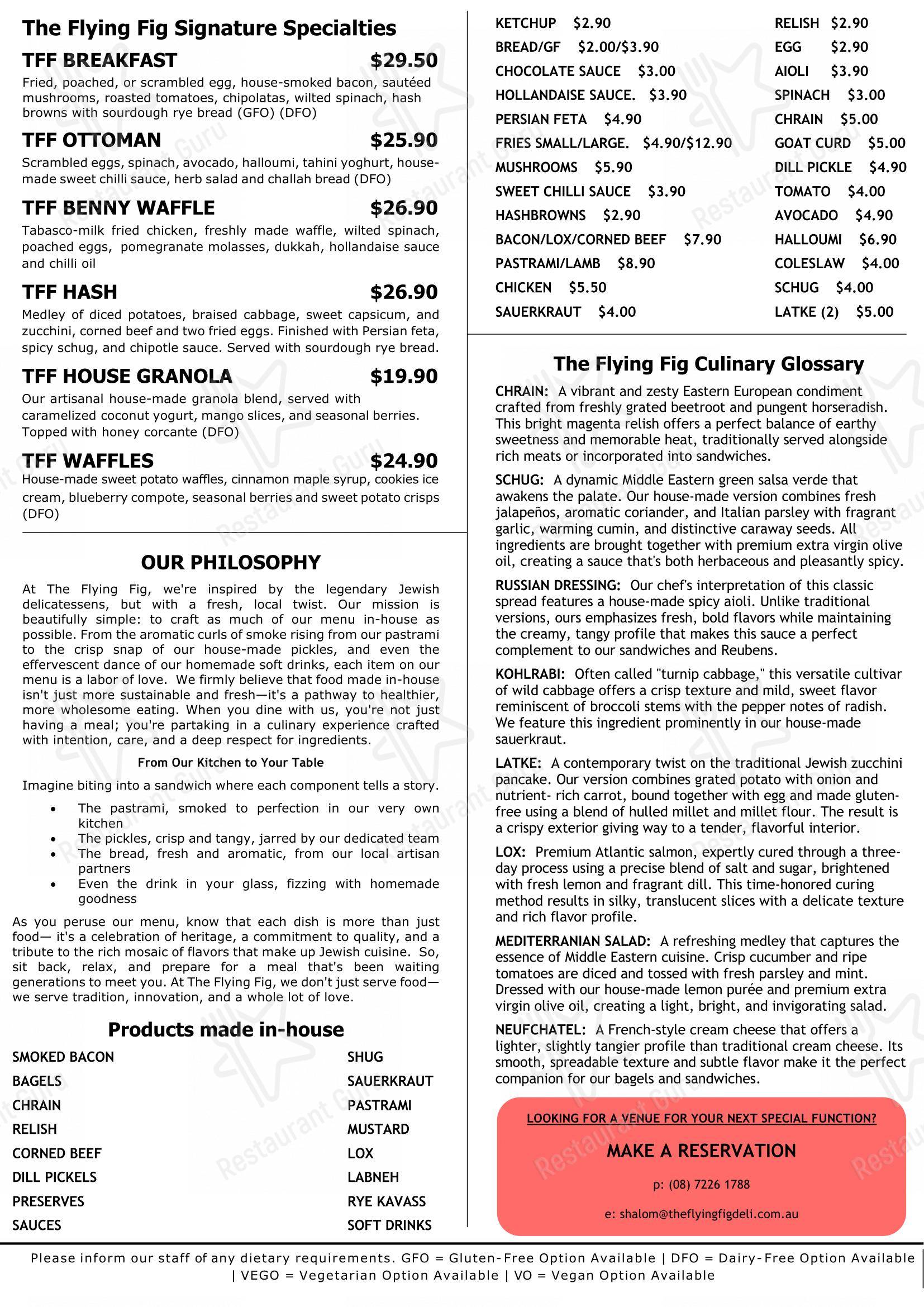 Menu at The Flying Fig desserts, North Adelaide