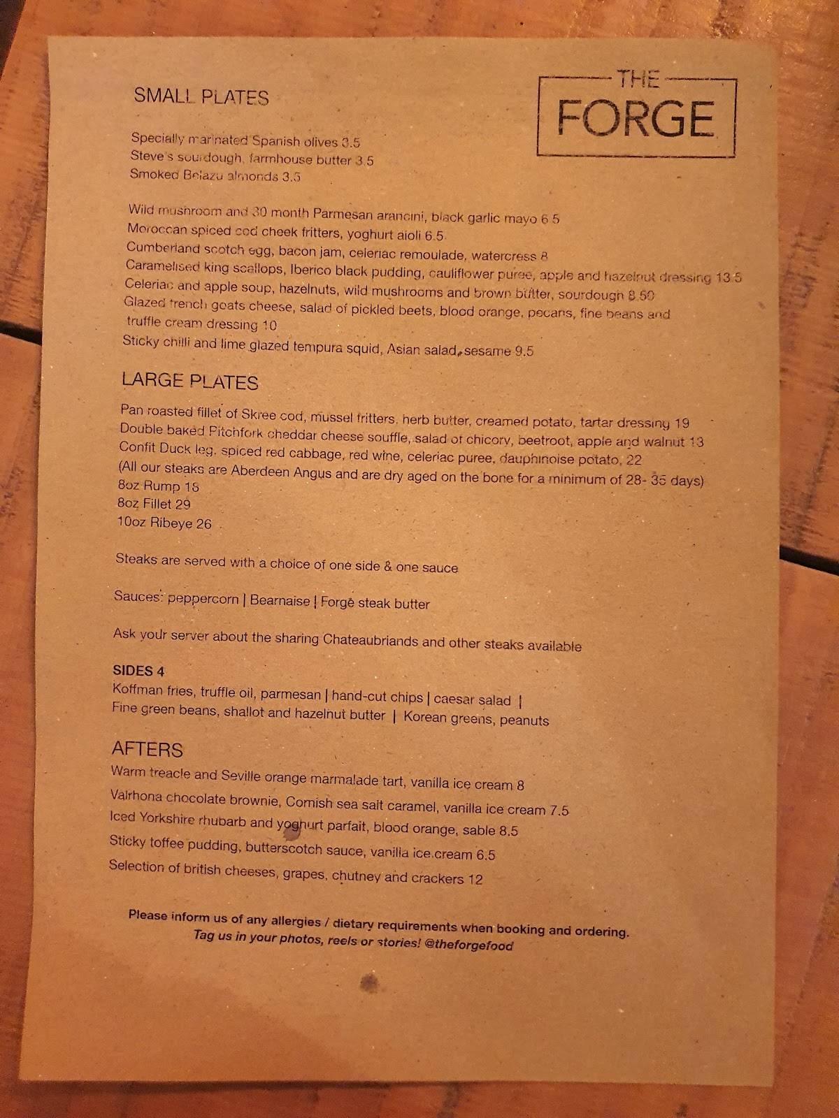 Menu at The Forge restaurant, Washington