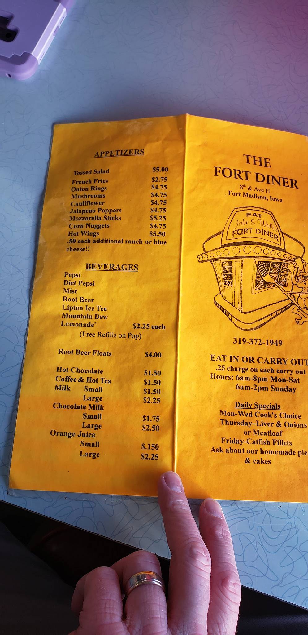 Menu at The Fort Diner restaurant, Fort Madison