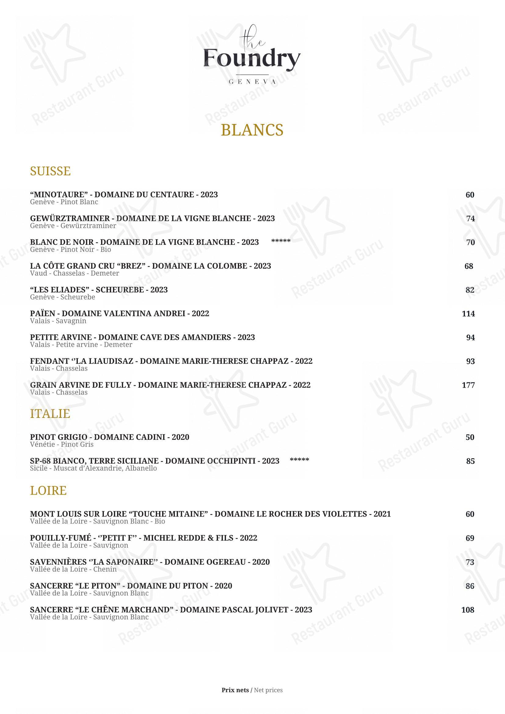 Menu at The Foundry Restaurant, Bar and Terrace., Geneva