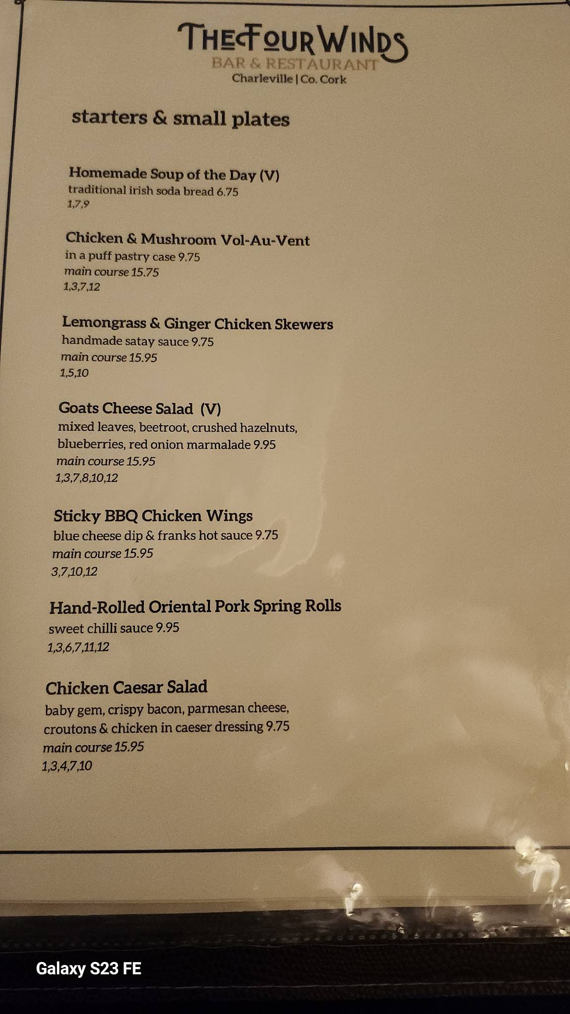 Menu at The Four Winds Bar and Restaurant, Ireland, Main St