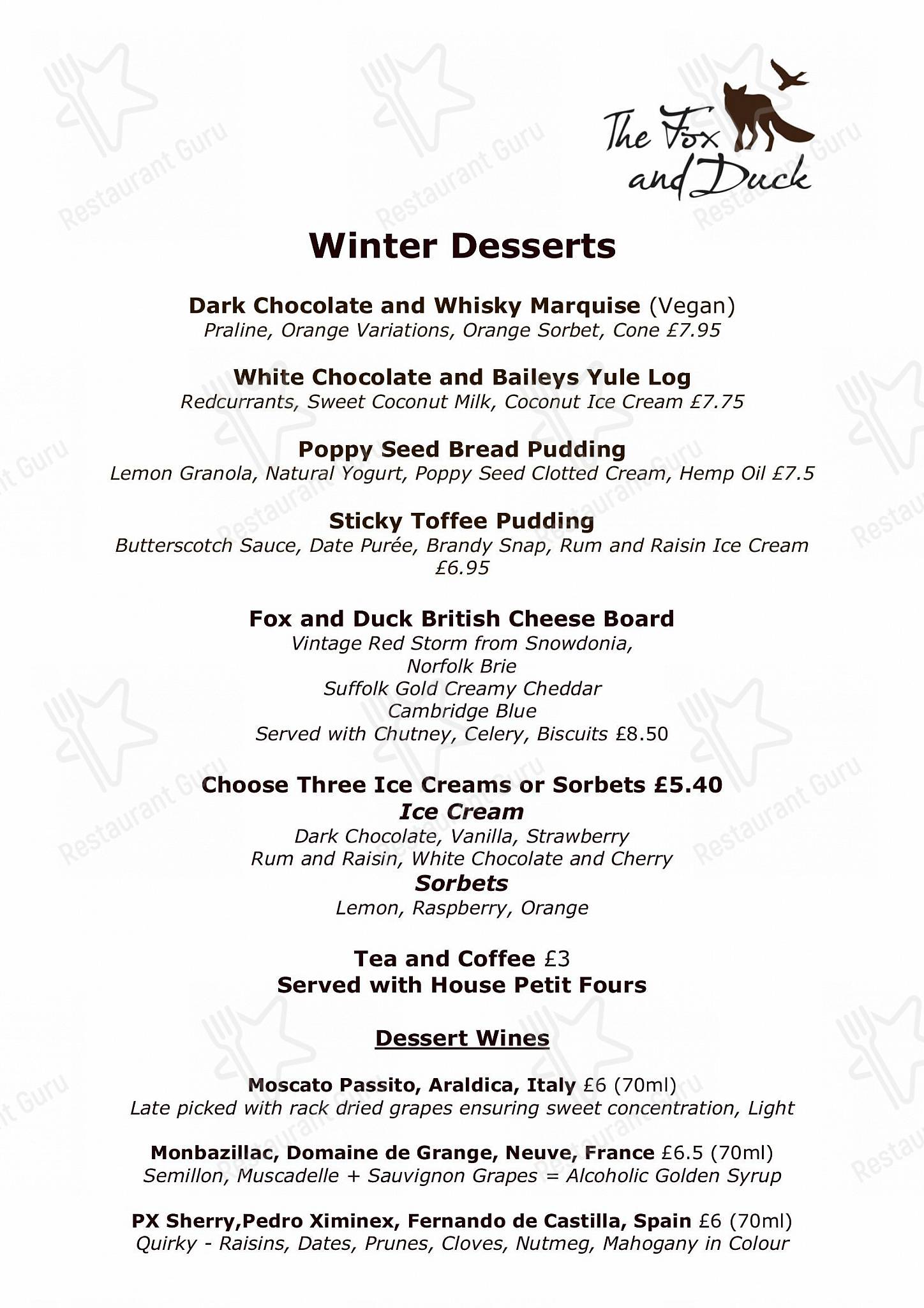 Menu at The Fox and Duck pub & bar, Therfield, The Green