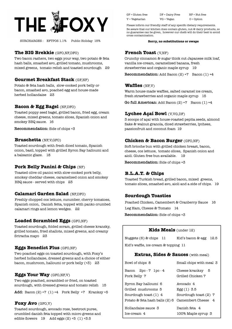 Menu at The Foxy Coffee cafe, Loganholme, Shop 1A/37/59 Bryants Rd