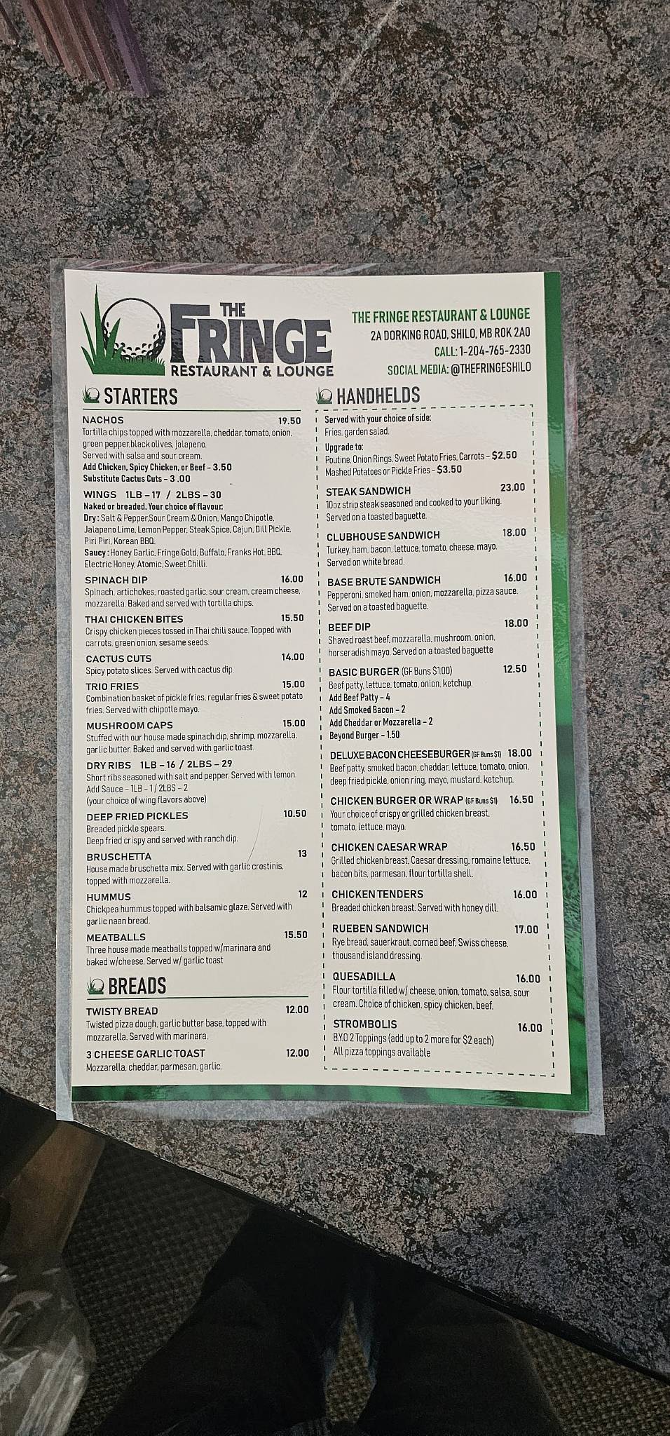 Menu at The Fringe Restaurant and Lounge, Shilo