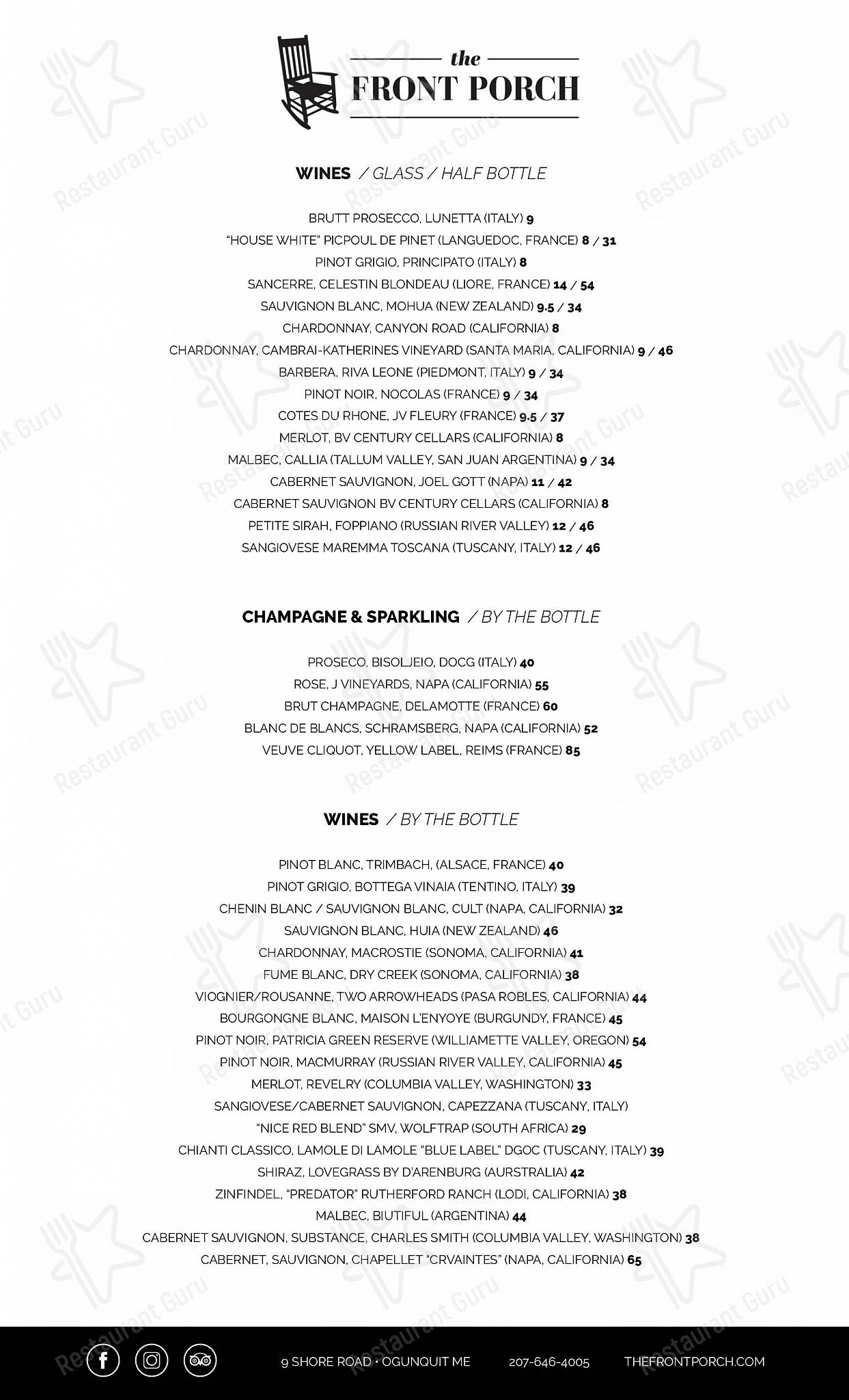 Menu at The Front Porch Piano Bar & Restaurant, Ogunquit