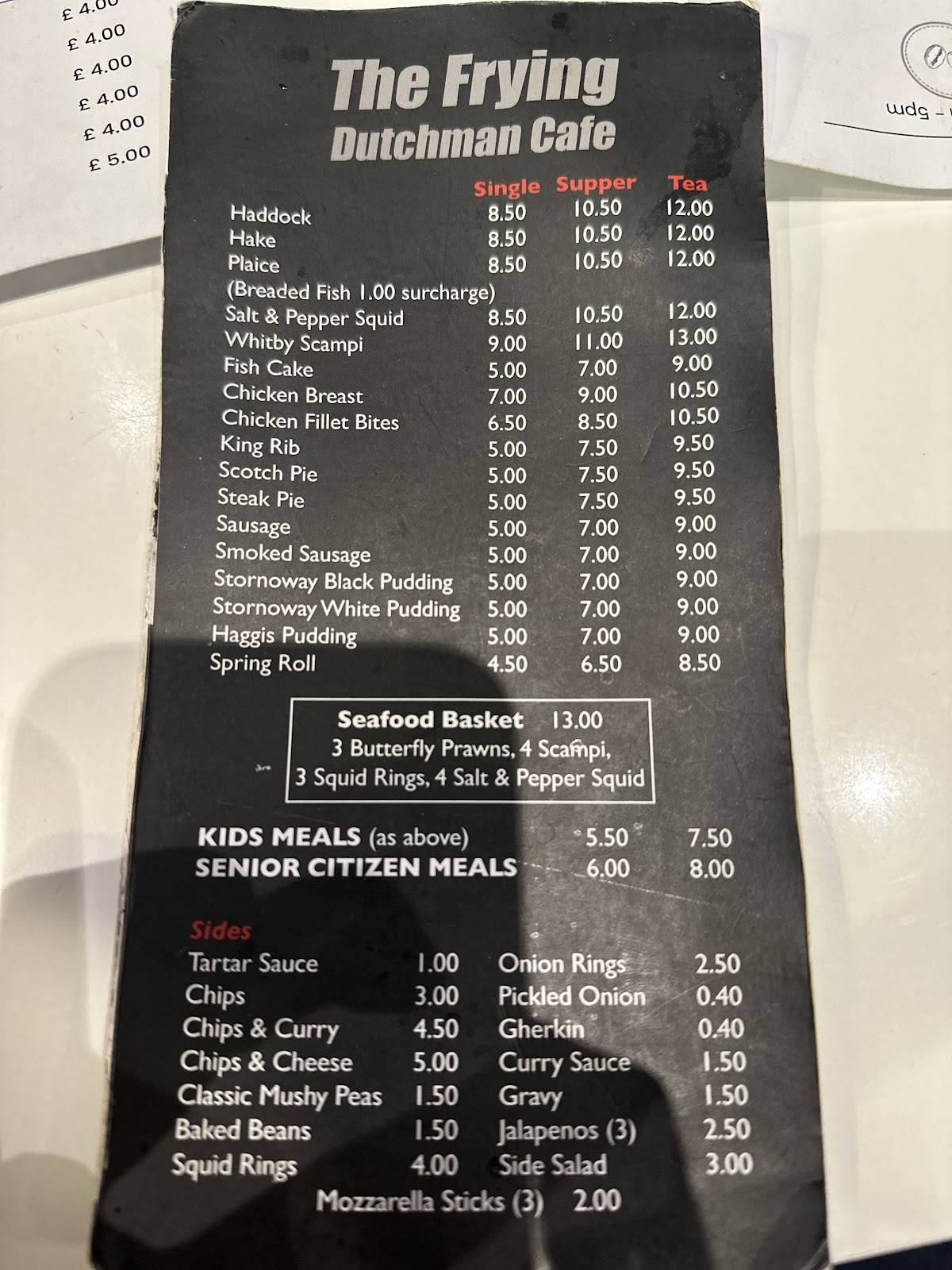 Menu at The Frying Dutchman Cafe, Callander