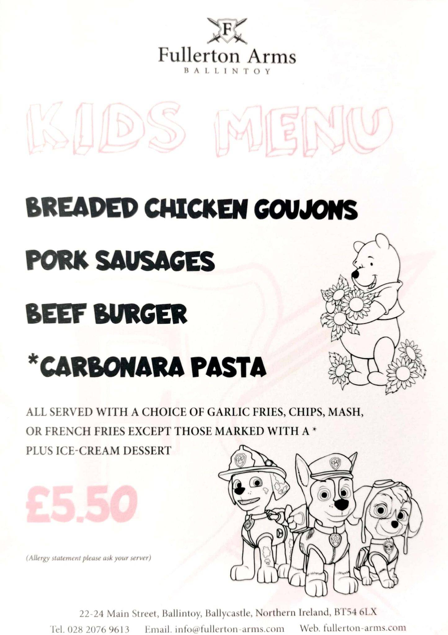 Menu at The Fullerton Arms pub & bar, Ballintoy