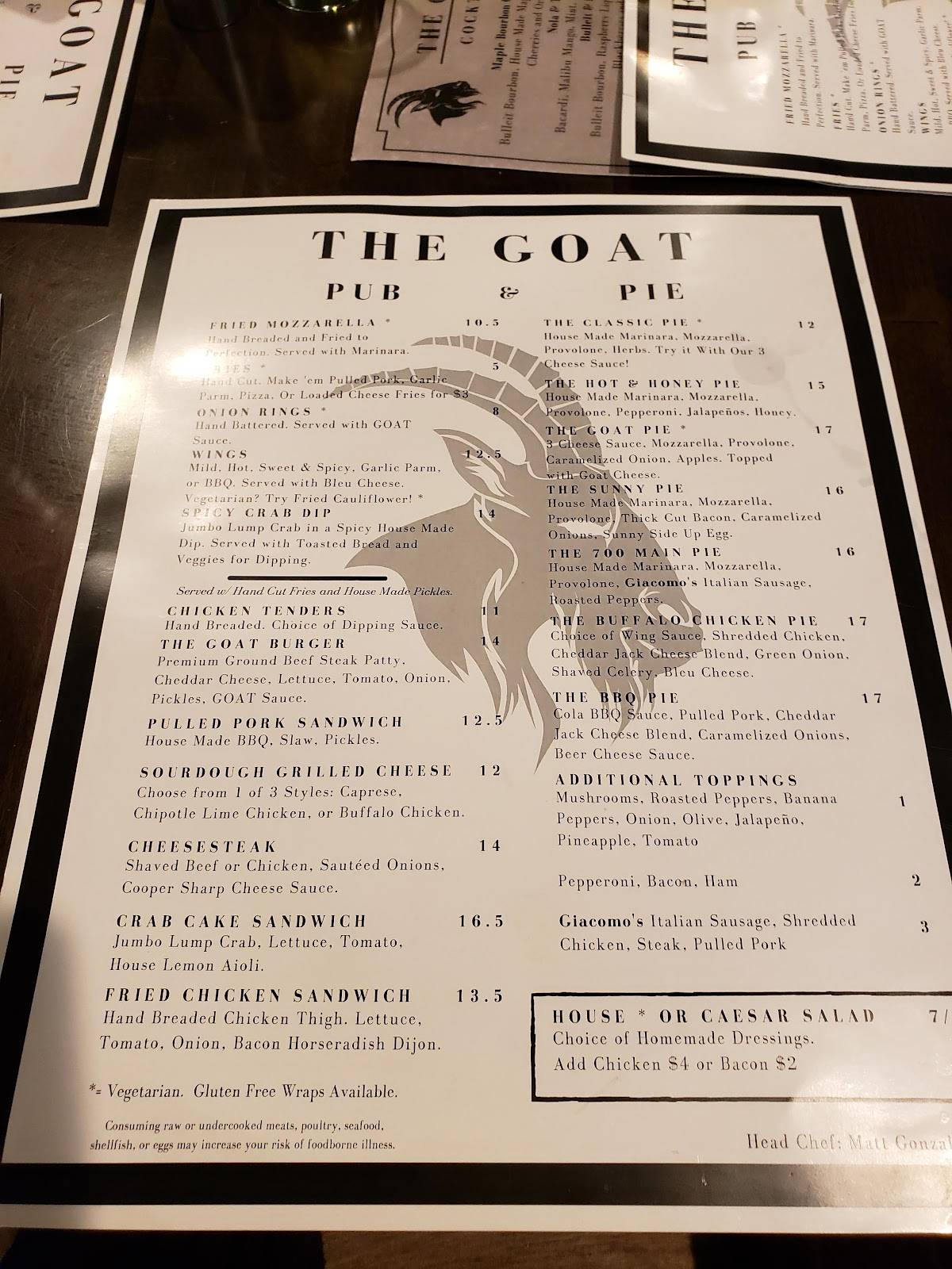 Menu at The GOAT Pub & Pie, Stockertown