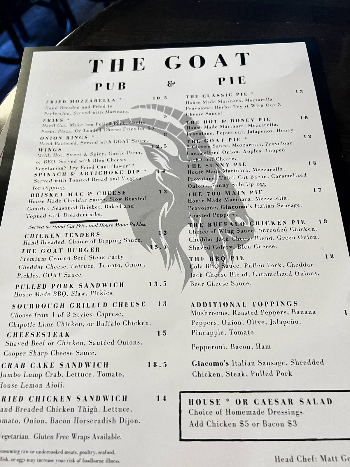 Menu at The GOAT Pub & Pie, Stockertown