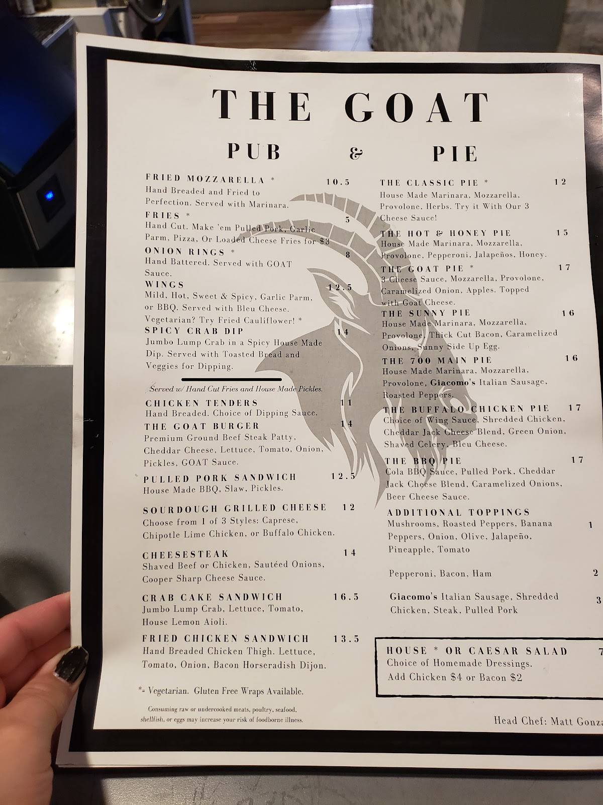 Menu at The GOAT Pub & Pie, Stockertown