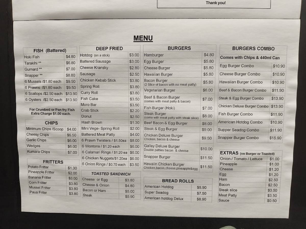 Menu at The Galley Fish N Chips restaurant, Pukekohe