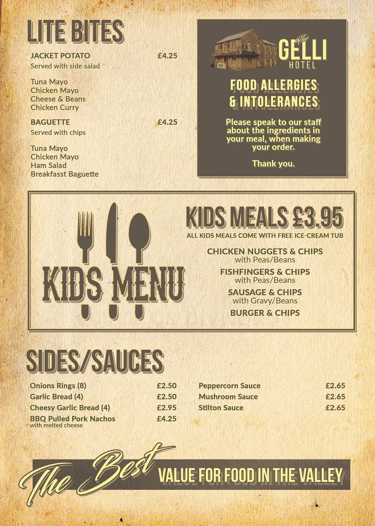 Menu at The Gelli Hotel pub & bar, Pentre