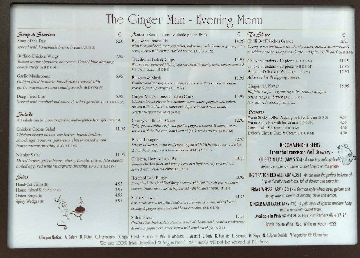 Menu at The Ginger Man pub & bar, Dublin
