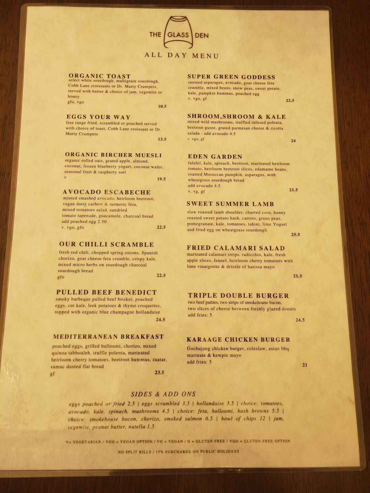 Menu at The Glass Den cafe, Coburg
