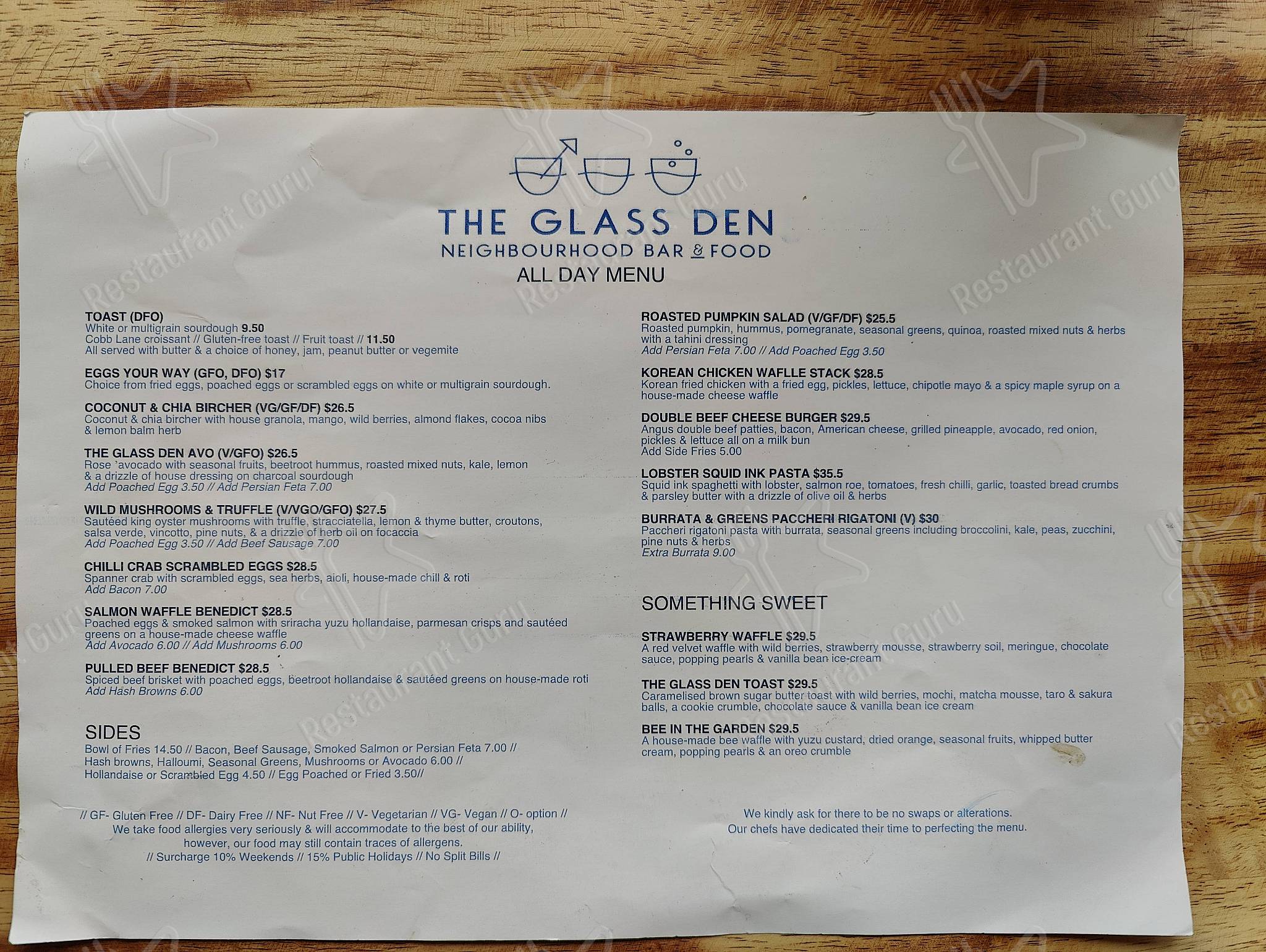 Menu at The Glass Den cafe, Coburg