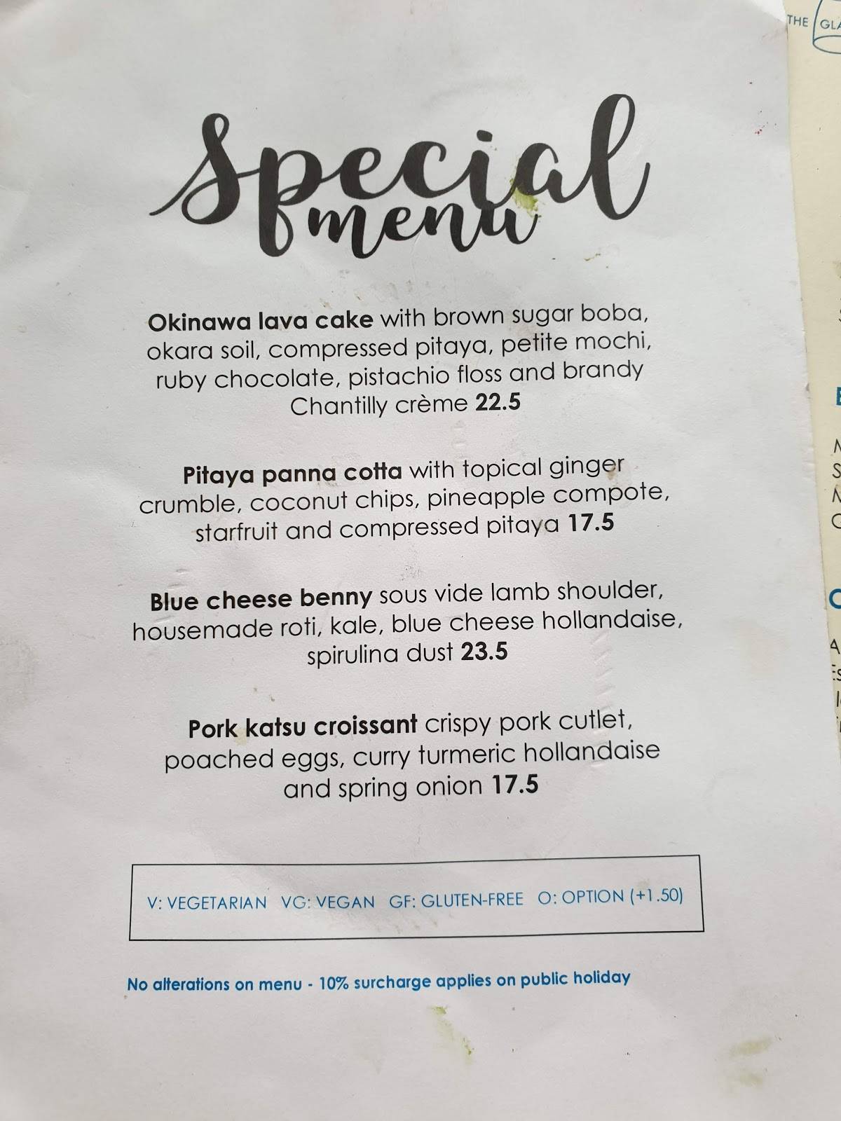 Menu at The Glass Den cafe, Coburg