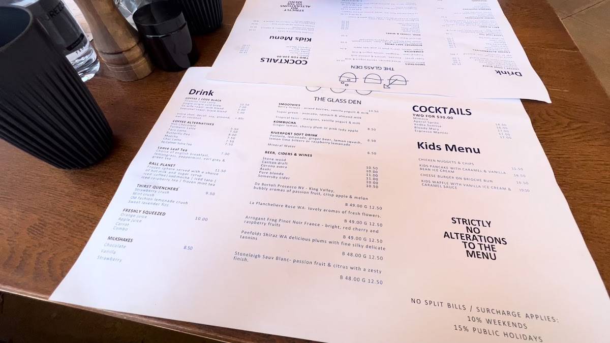 Menu at The Glass Den cafe, Coburg
