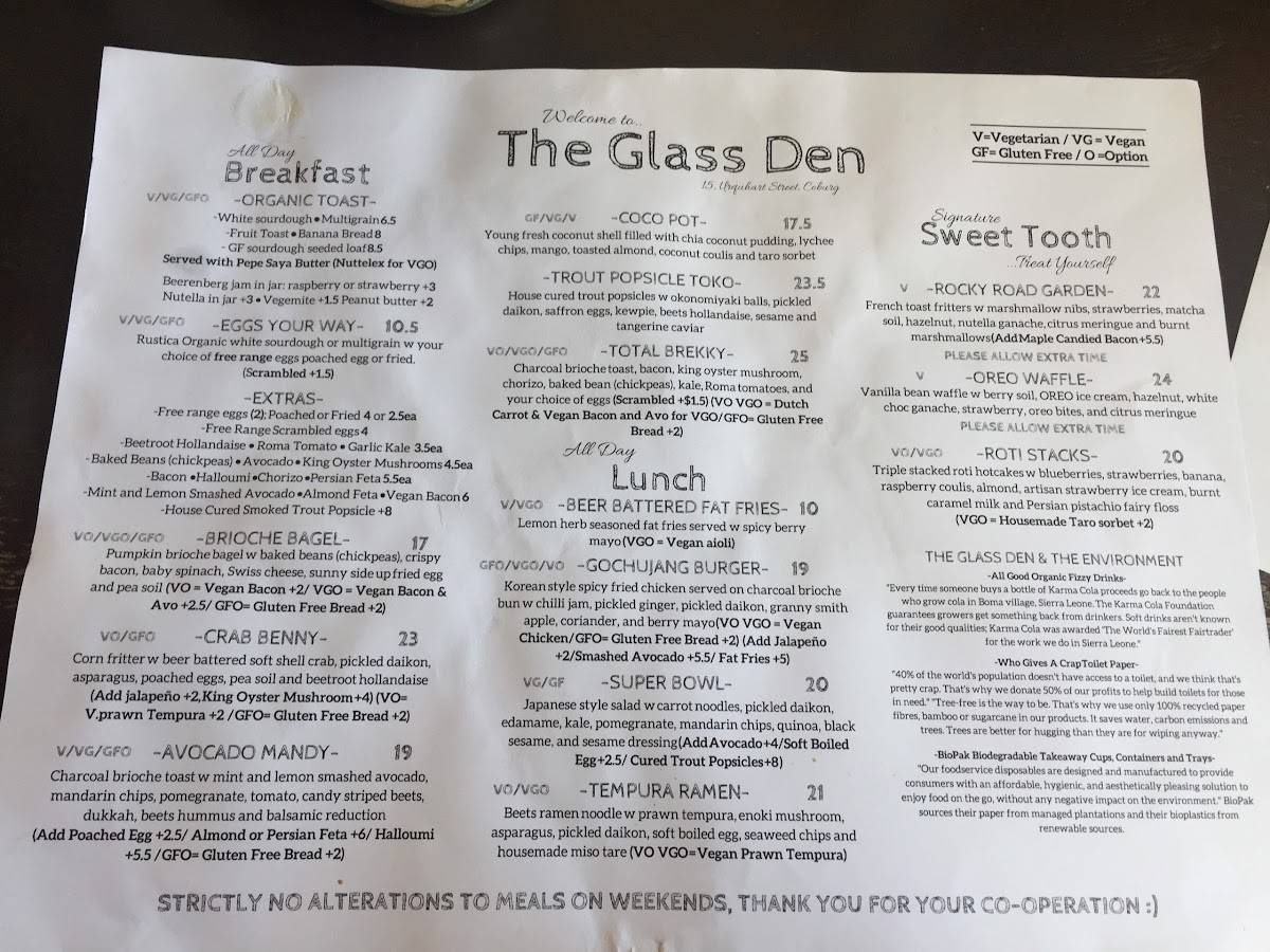 Menu at The Glass Den cafe, Coburg