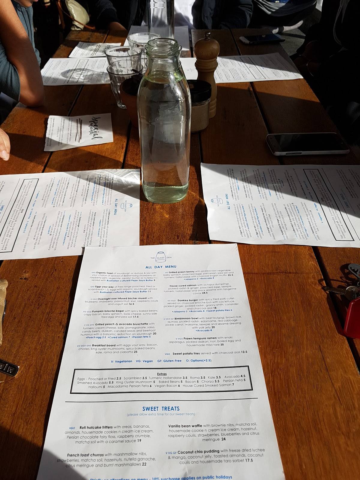 Menu at The Glass Den cafe, Coburg