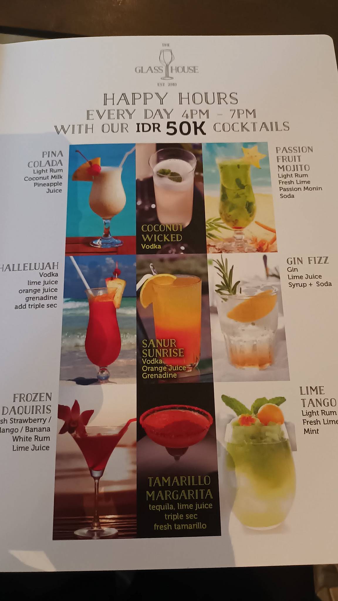 Menu at The Glass House restaurant, Denpasar