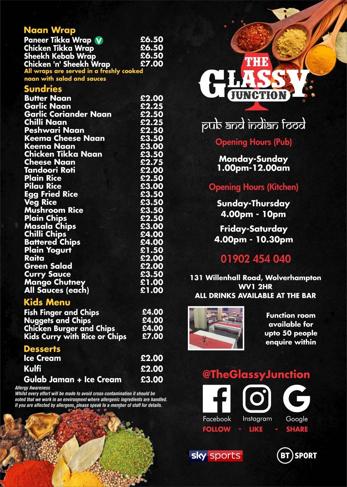 Menu at The Glassy Junction pub & bar, Wolverhampton, 131 Willenhall Rd