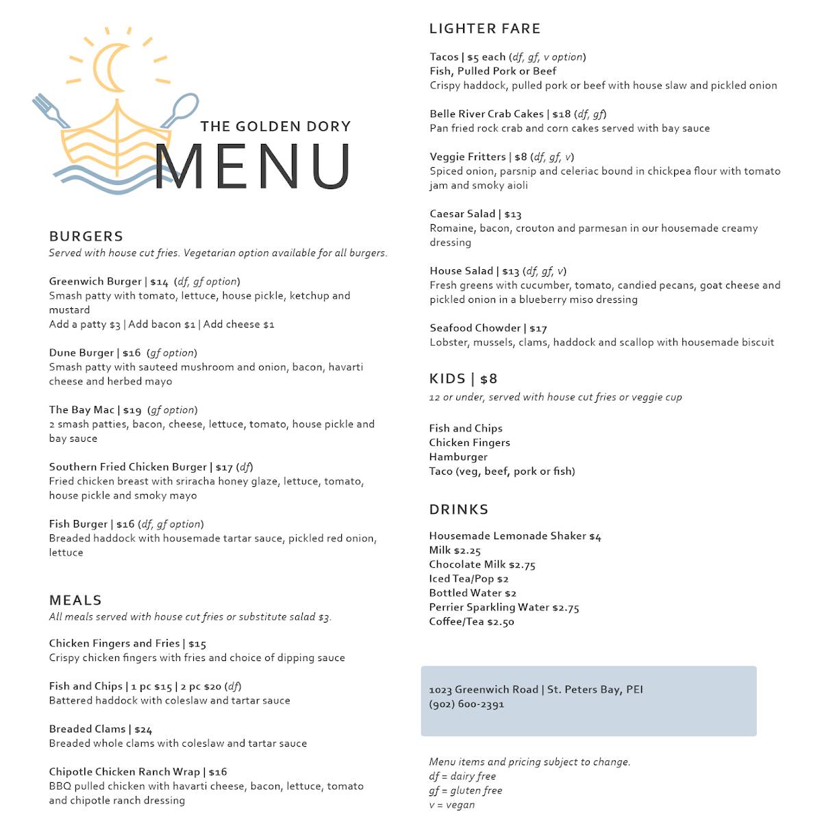 Menu at The Golden Dory restaurant, Saint Peters Bay