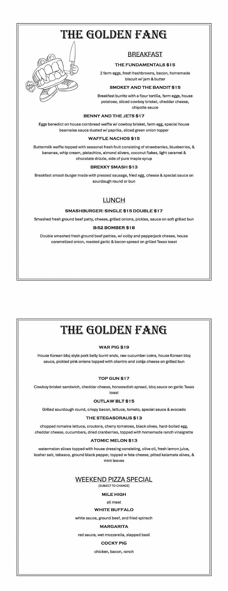 Menu at The Golden Fang pizzeria, Redding