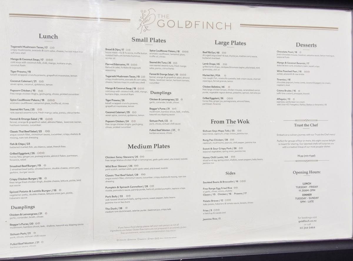 Menu at The Goldfinch restaurant, Christchurch