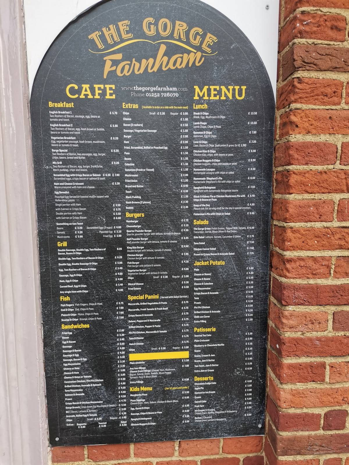 Menu at The Gorge cafe, Farnham