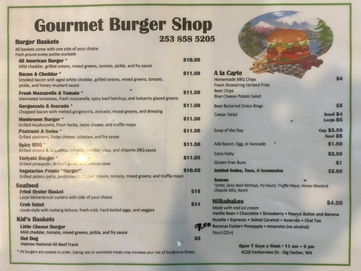Menu at The Gourmet Burger Shop restaurant, Gig Harbor