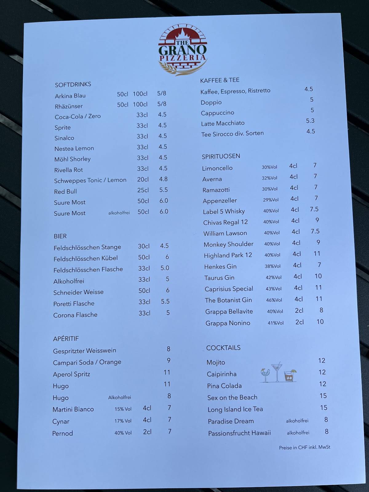 Speisekarte von The Grano Pizzeria, Adliswil
