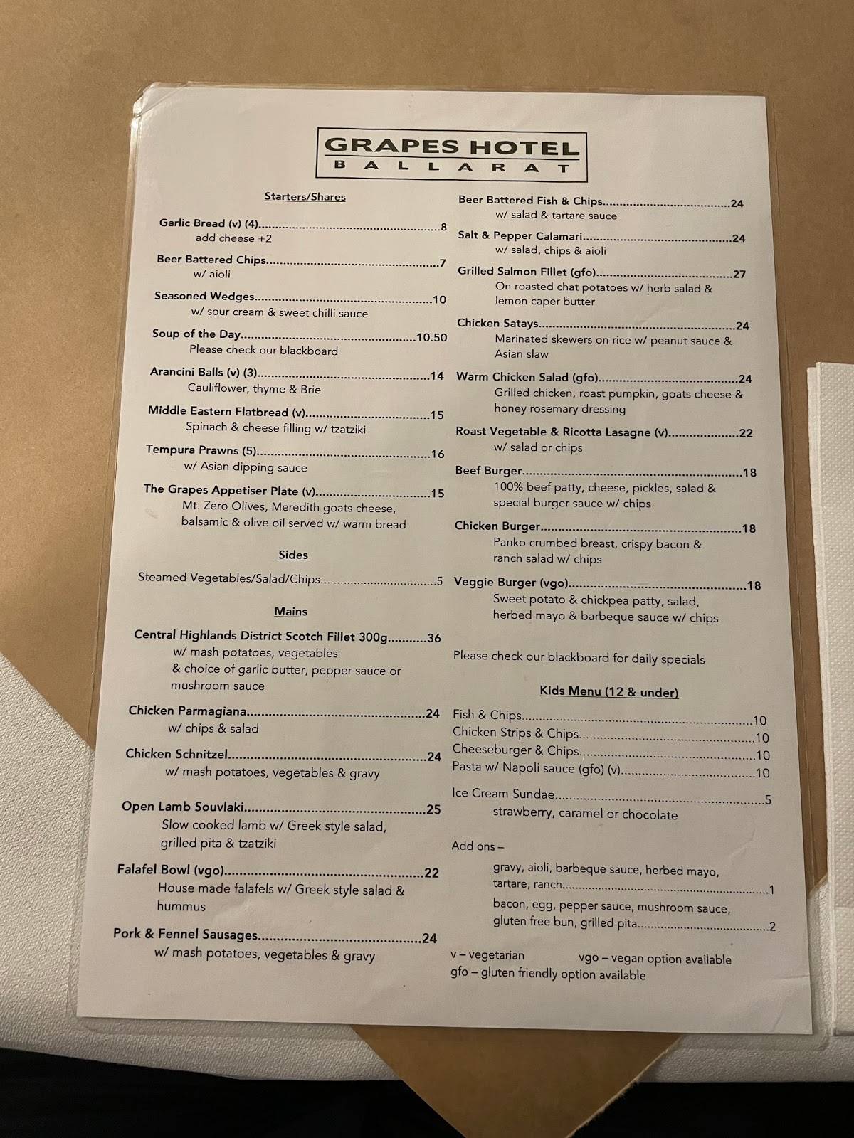 Menu at The Grapes Hotel pub & bar, Golden Point
